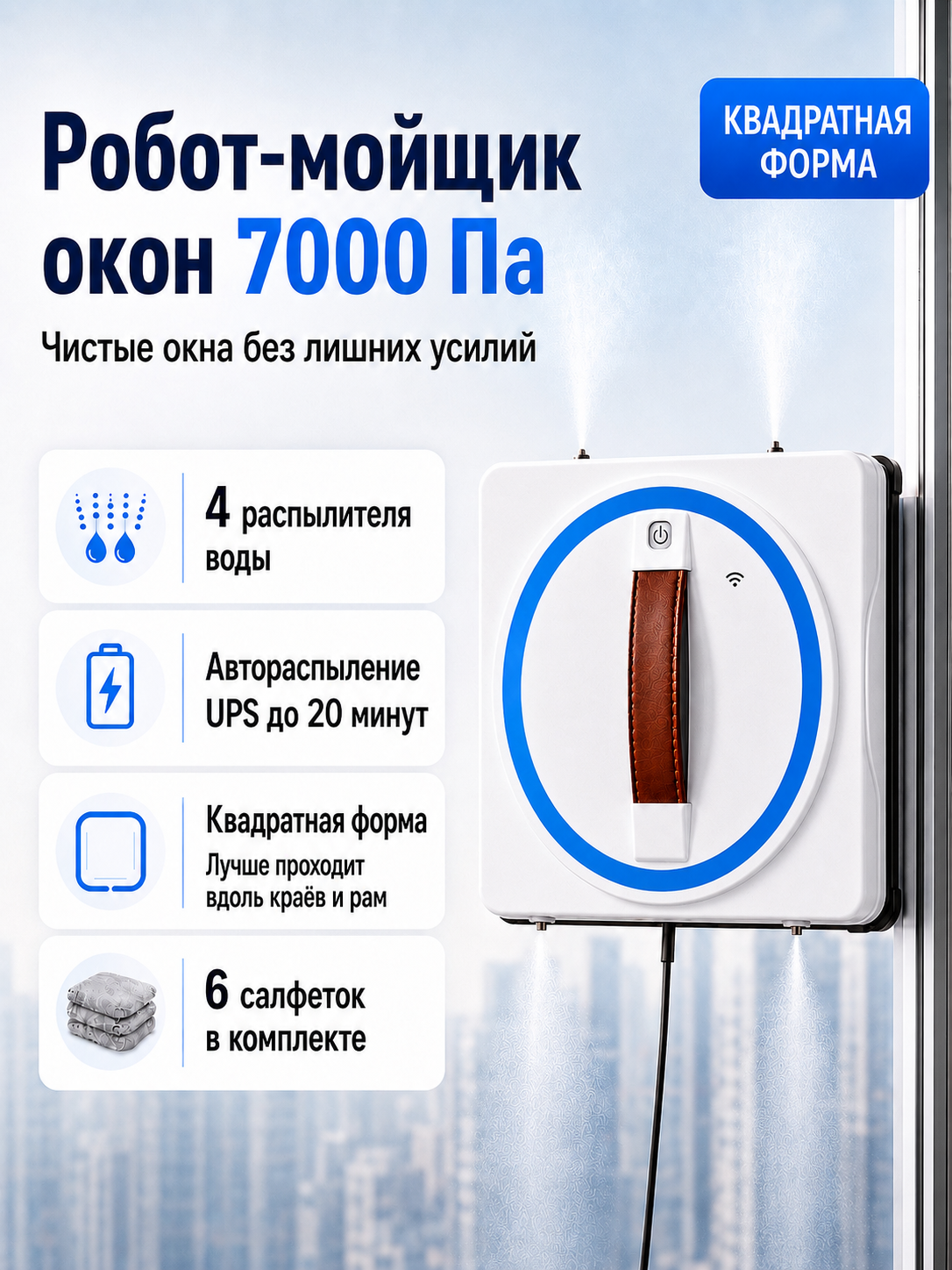 Робот-мойщик окон квадратный 7000 Па с 4 распылителями, пульт ДУ, 6 салфеток