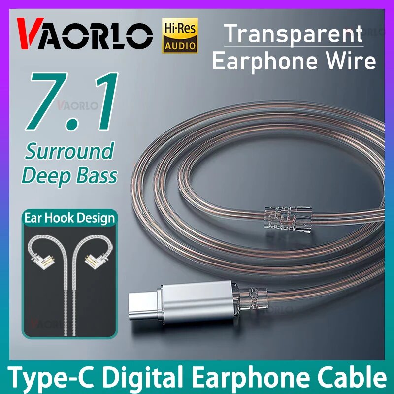 VAORLO Кабель для наушников Type-C 7.1 HIFI серебряное покрытие Transparent With MIC
