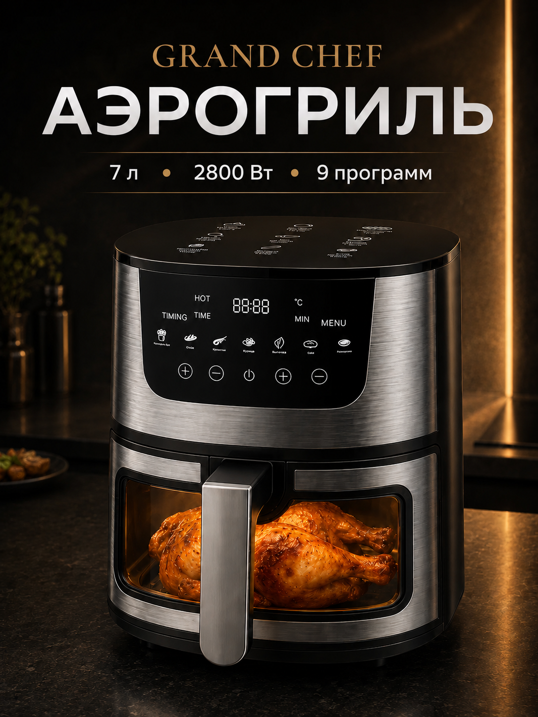 Аэрогриль, 7 л, мощность 2800 Вт, 9 программ, антипригарное покрытие