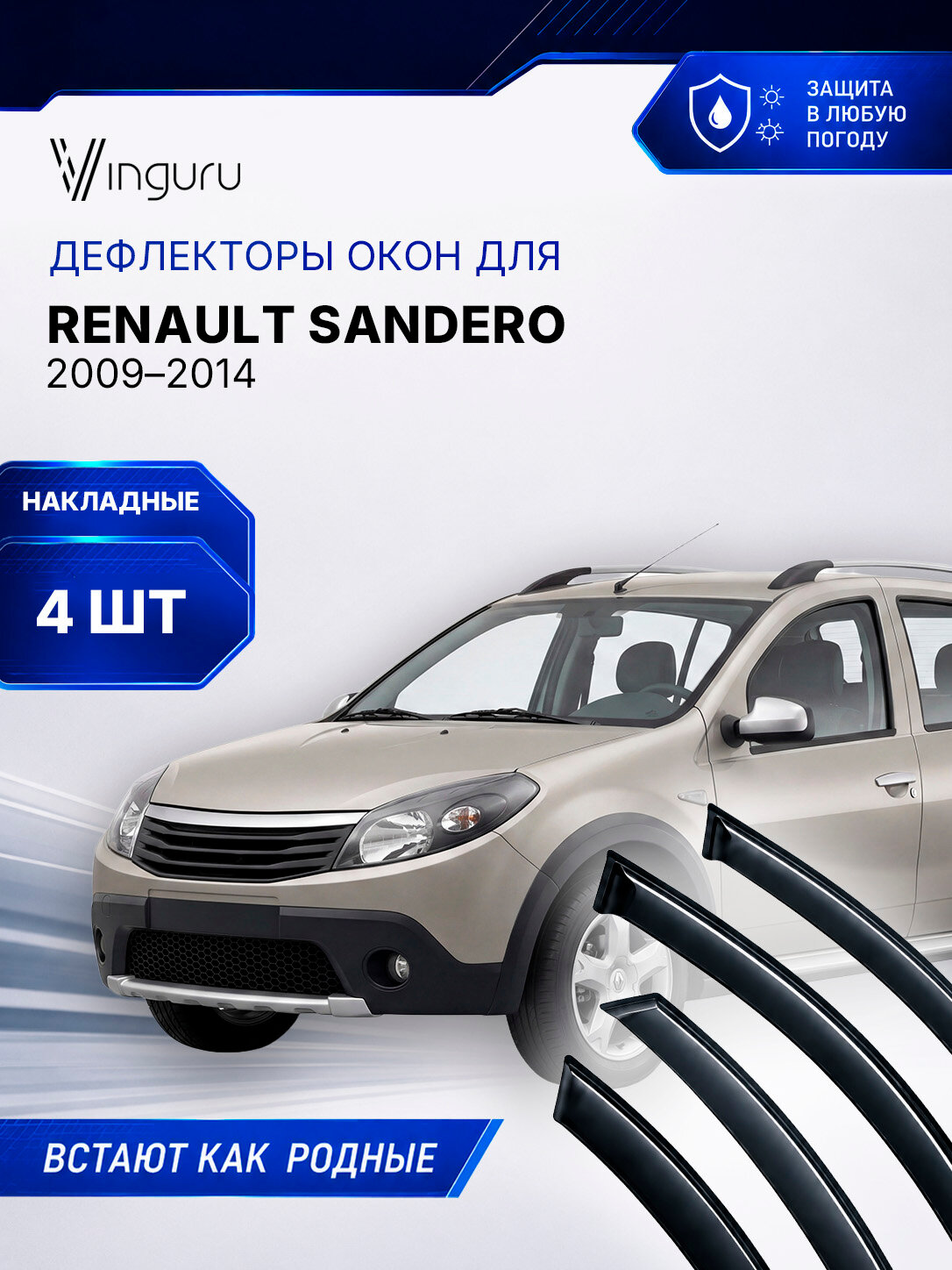 Дефлекторы окон Vinguru для RENAULT Sandero 2009-2014 /накладные/скотч/к-т 4 шт./литьевой поликарбонат / Рено Сандеро