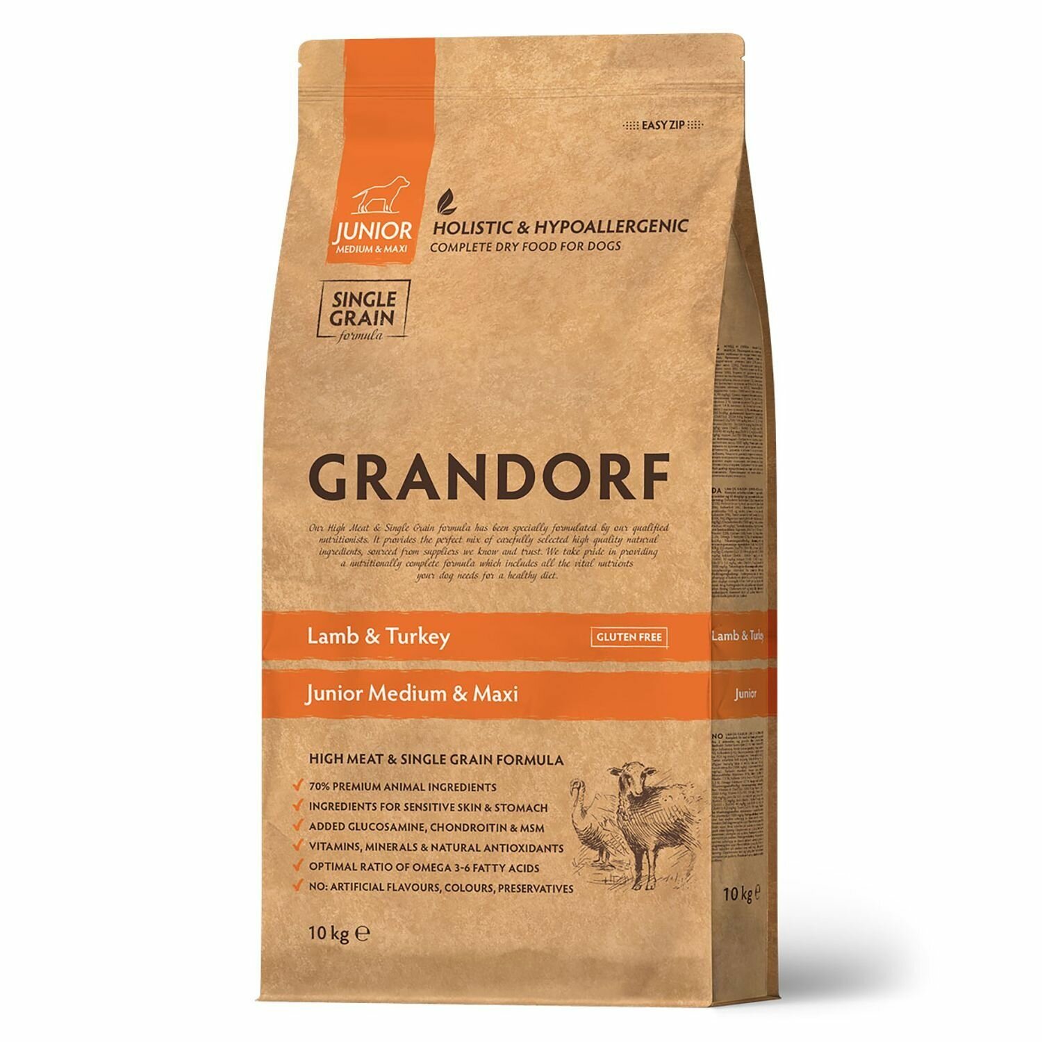 GRANDORF Сухой низкозерновой корм для собак юниоров, ягнёнок с индейкой, 10 кг