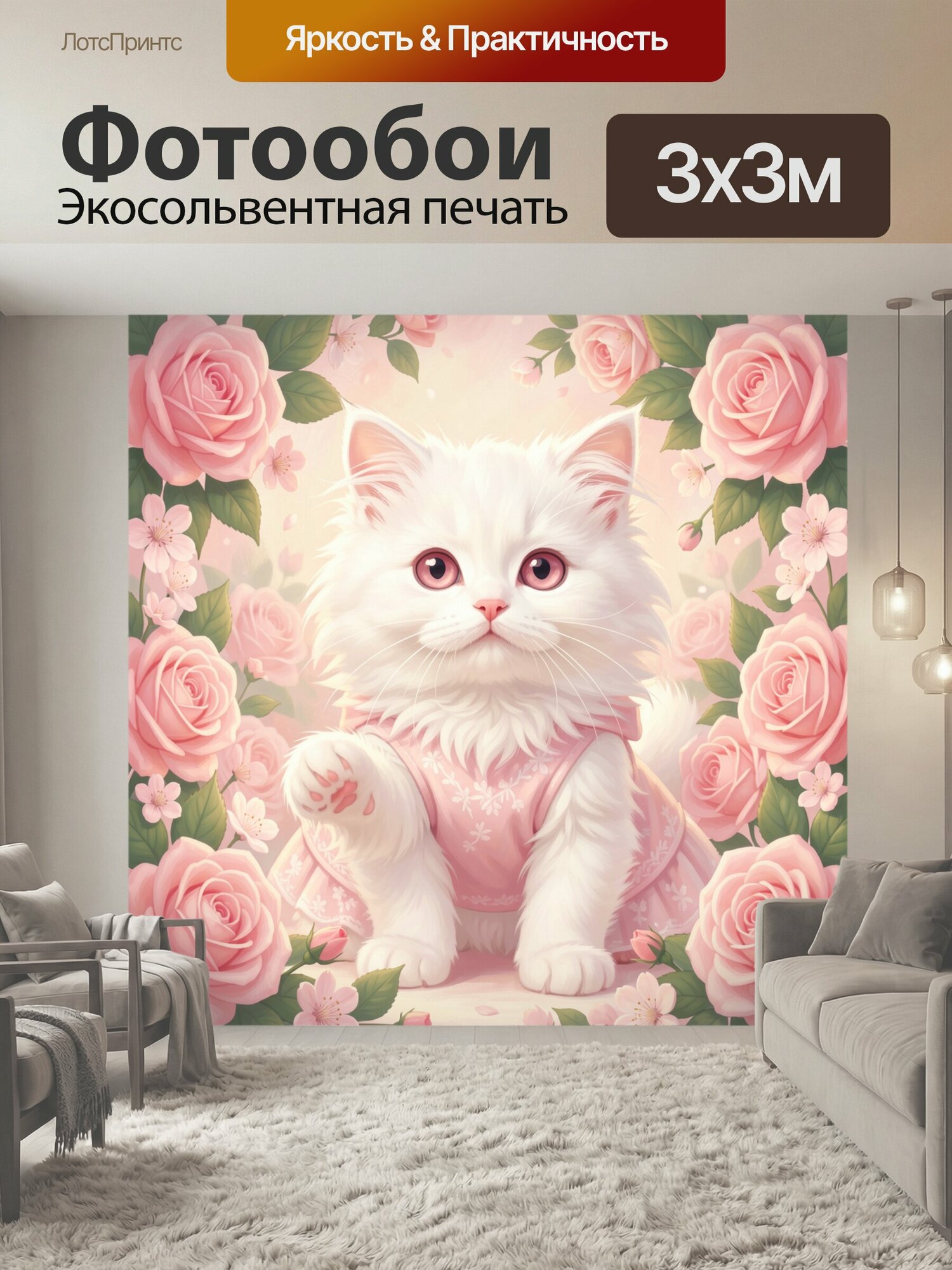 Фотообои "Белый котёнок среди роз. Нежный сказочный образ пушистого светлого котёнка в розовом платьице, окружённого крупными бутонами и." 300x300 см. экосольвентная печать