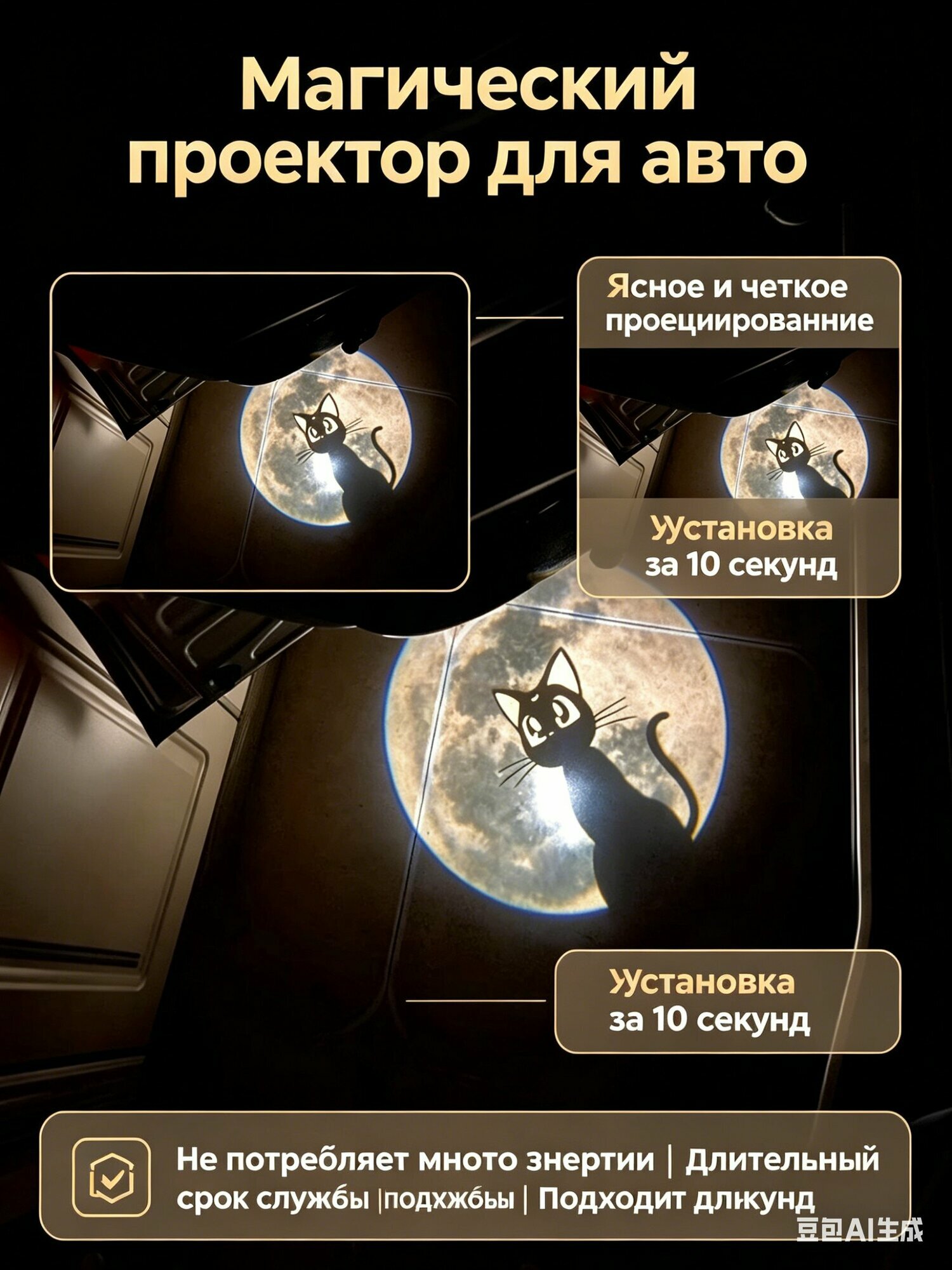 Проектор в дверь автомобиля беспроводной, светодиодная подсветка салона авто с датчиком света и проекцией "Черный котик на луне", универсальный тюнинг аксессуар, 1 шт.