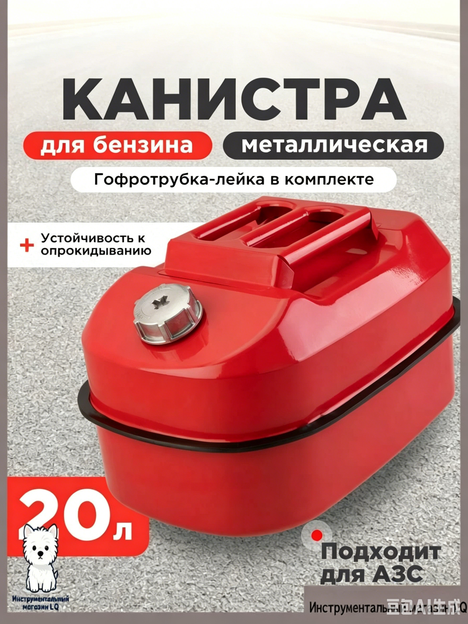 Стальная канистра 20 л красная, герметичная емкость для бензина и дизтоплива с ручкой