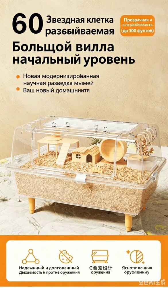 Прозрачная клетка для хомяка 60x38x32 см