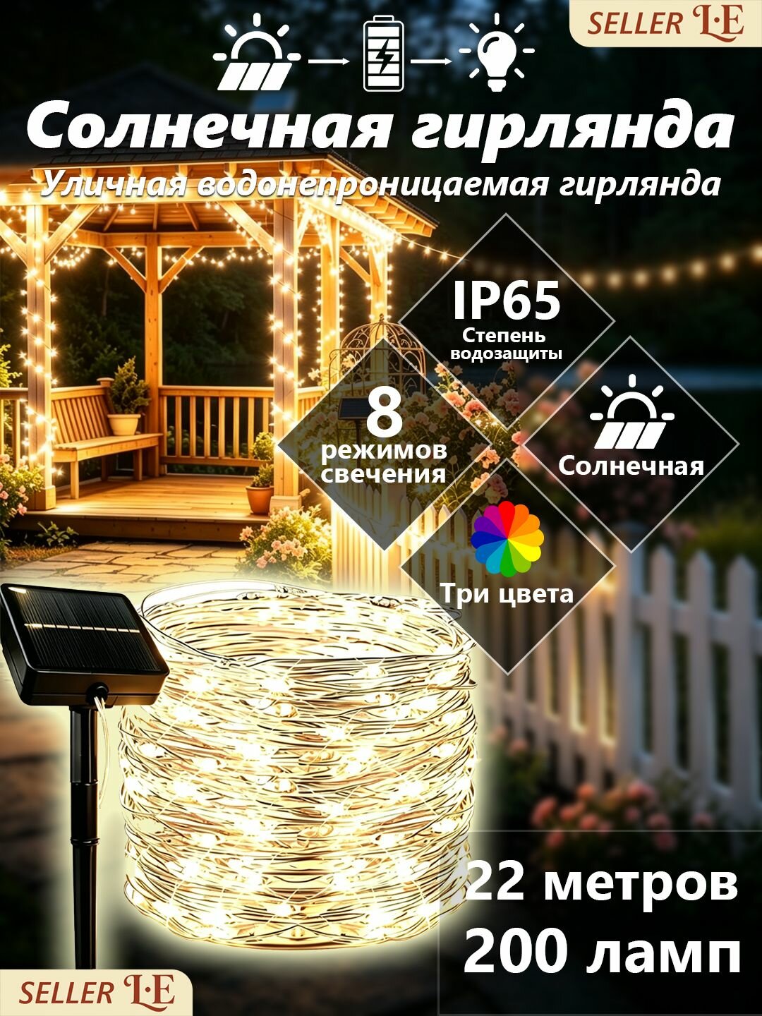 Электрогирлянда уличная Нить Светодиодная 200 ламп, 22 м, питание Солнечная батарея, 1 шт