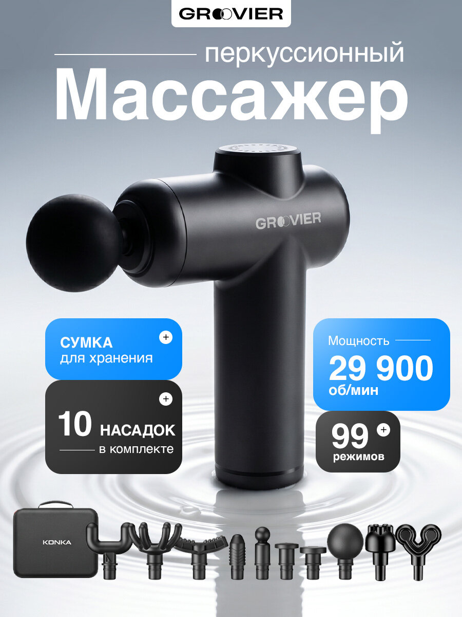 Перкуссионный массажер GROOVIER ,10 насадок, для всего тела, с кейсом