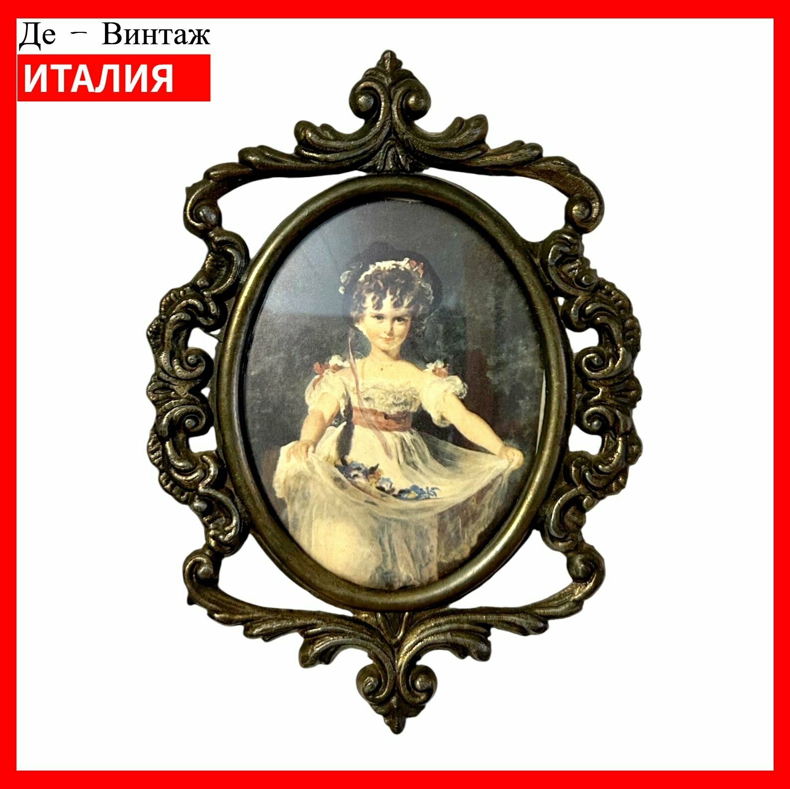 Картинка, Девочка в овальной раме, винтаж. Италия