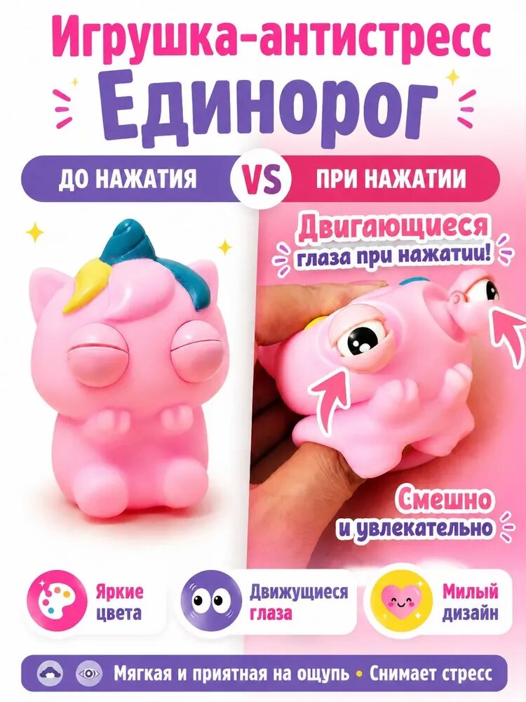 Игрушка антистресс сквиш Единорог с выпучивающимися глазами, мялка жмяка для детей и взрослых, розовая