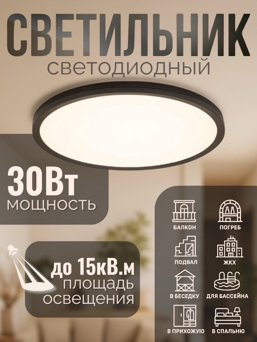 Светильник потолочный светодиодный пластиковый мощный и яркий 30Вт, 6000К, 25см, черный