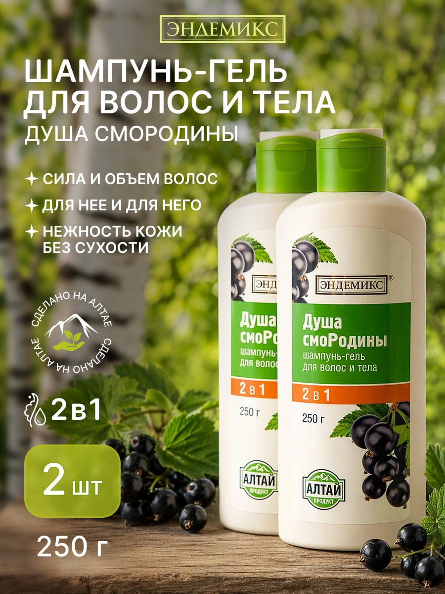 Шампунь гель для волос и тела «Душа смородины» с пантенолом, для душа и ванны, два в одном, 2шт.