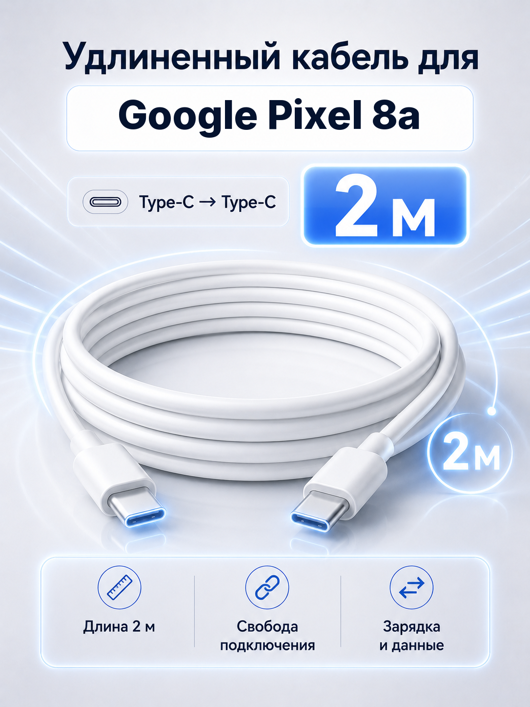 Удлиненный кабель для Google Pixel 8a Type-C на Type-C, 2 м