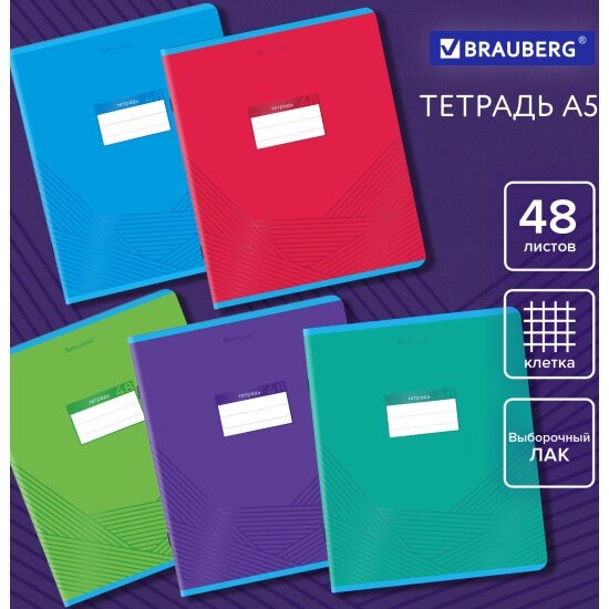 Тетрадь Brauberg А5, 48 л, , скоба, клетка, выборочный лак, "Классика", 404344