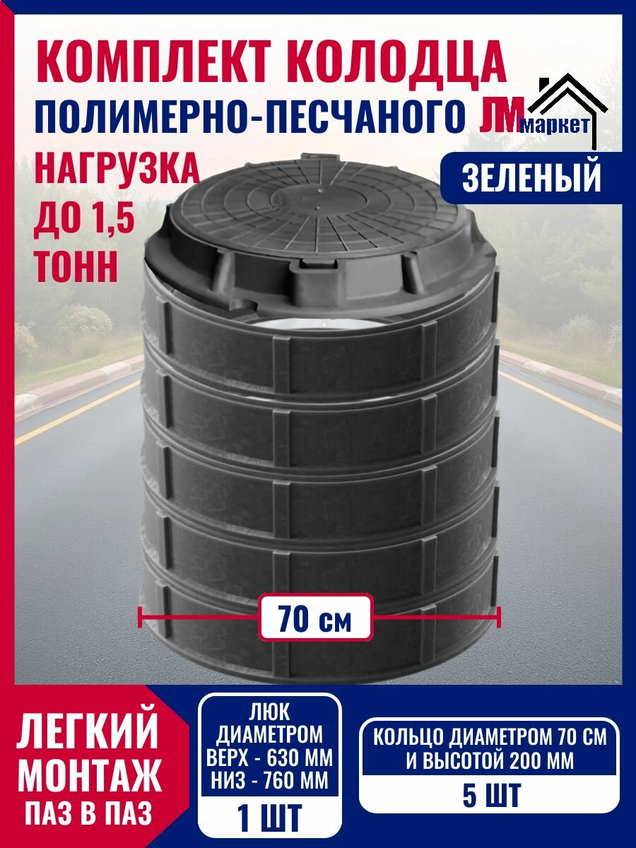 Колодец полимерно-песчаный, нагрузка до 1,5 тонн, готовый комплект с 5 шт кольцом 0,7 м диаметр