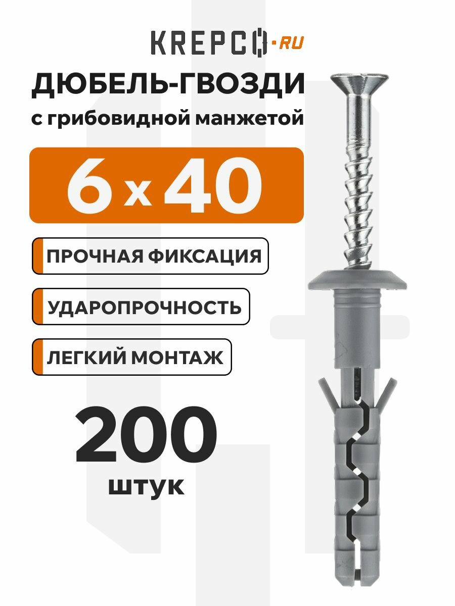 Дюбель-гвоздь с бортиком 6x40 мм, распорный, для бетона/кирпича (200 штук) строительный крепёж монтажный