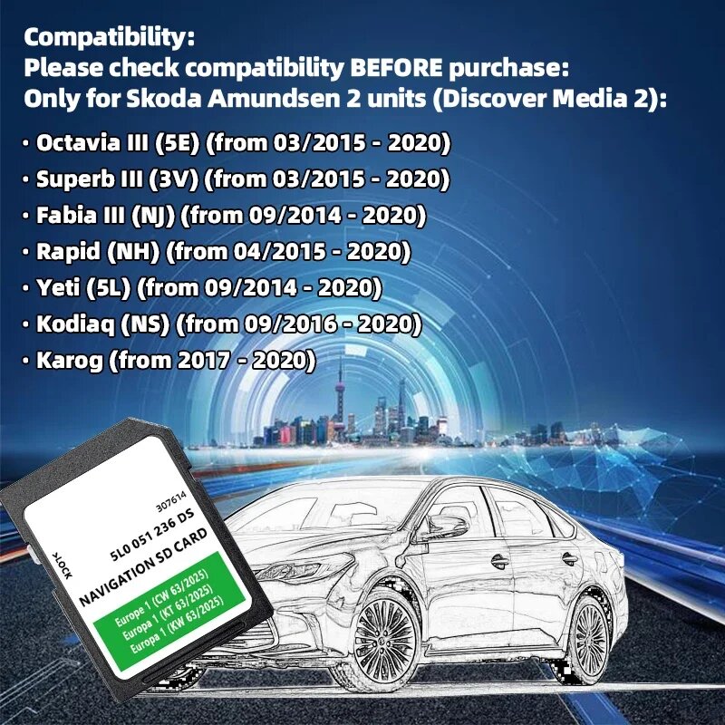NAVINESA Карты Европы и Великобритании 32 ГБ 2026-2027 для Skoda