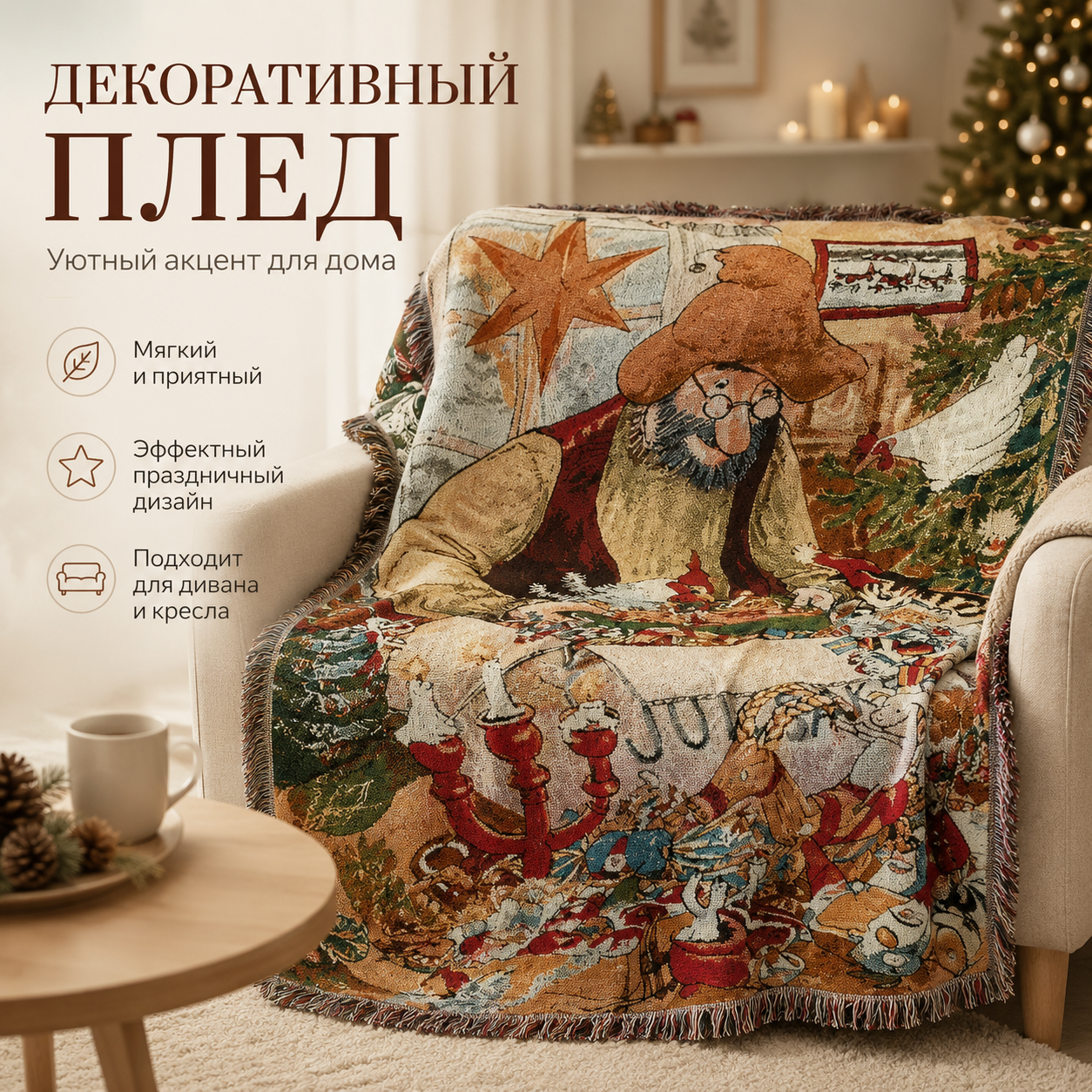 Ретро вязаное диванное одеяло с кисточкой, Санта Клаус, 130X160CM