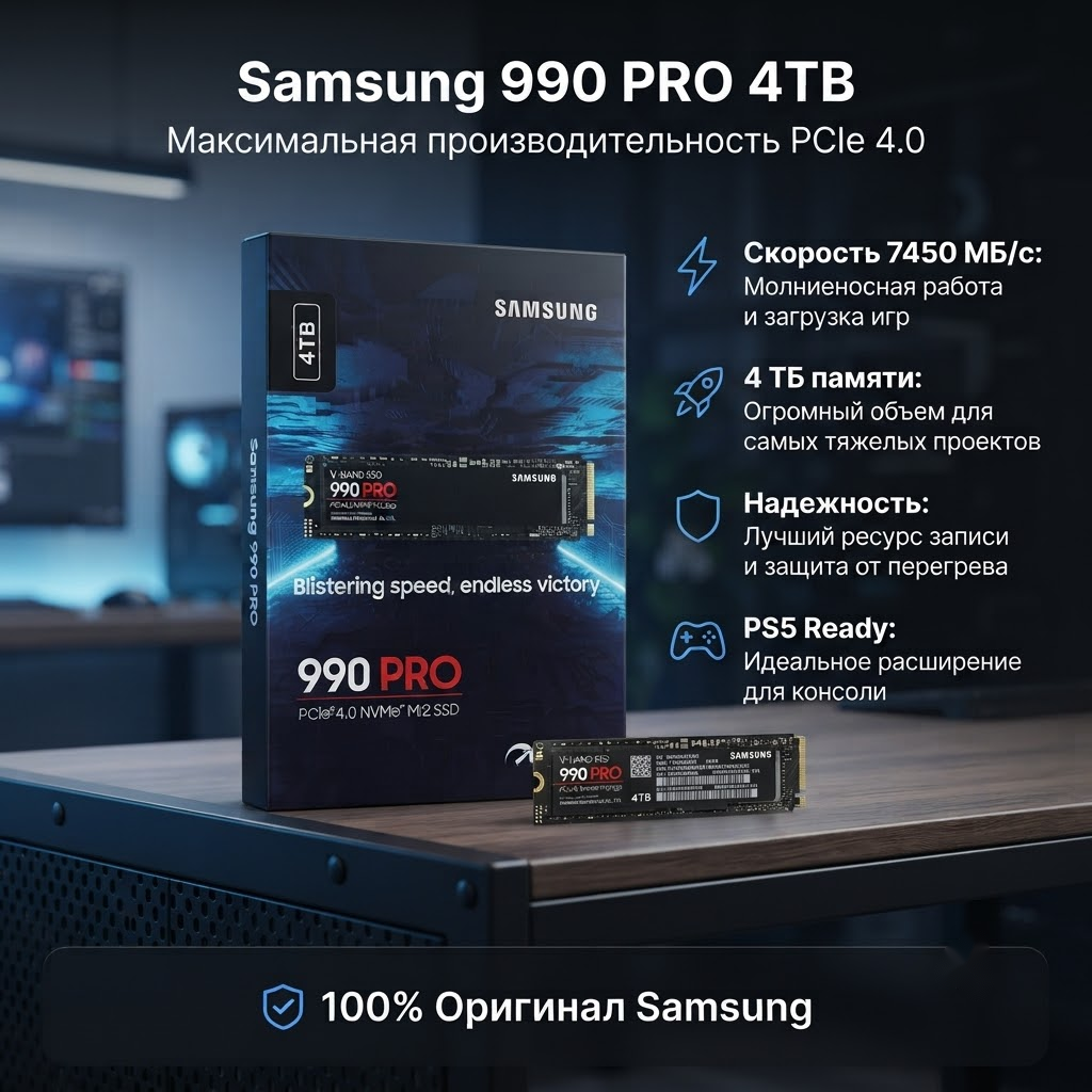 SSD накопитель Samsung 990 PRO, 4Tb, M.2, PCIe Gen 4.0 x4, NVMe [MZ-V9P4T0BW]