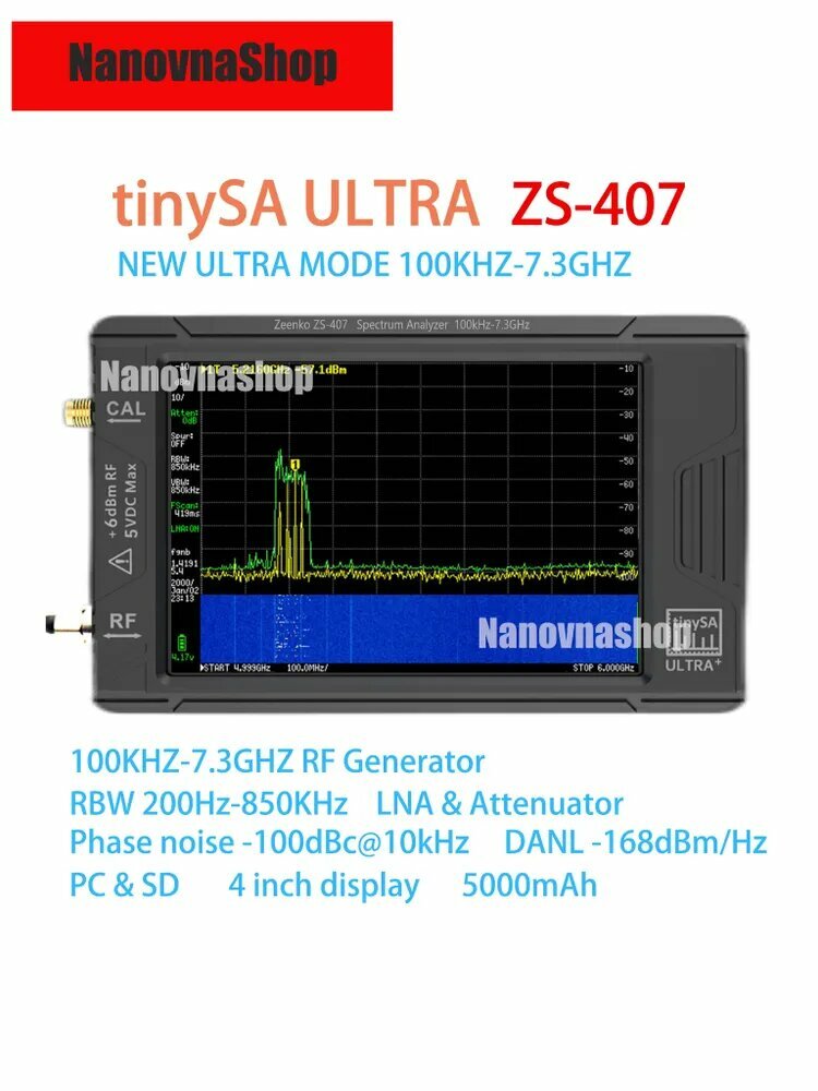 Портативный крошечный анализатор спектра TinySA ULTRA PLUS ZS-407 с 4-дюймовым дисплеем, радиочастотным генератором от 100 кГц до 7,3 ГГц, аккумулятором емкостью 5000 мАч