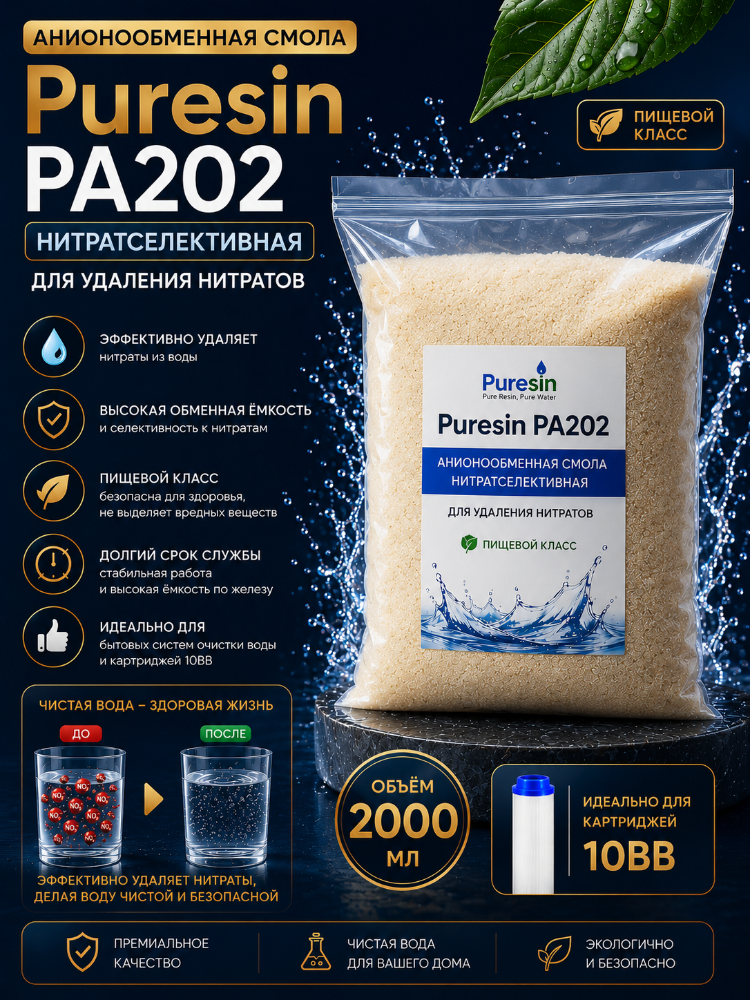 Анионообменная смола нитратселективная (от нитратов) Pure Resin PA202 для засыпных картриджей UFAFILTER 10ВВ (2000 мл)