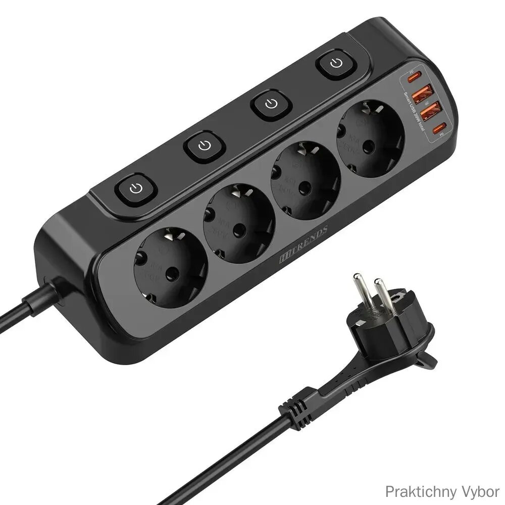 HITRENDS Удлинитель с 4 розетками и 2 USB + 2 Type-C (быстрая зарядка), выключатели, защита от перегрузки, 4000W 16A 250V, огнестойкий, кабель 2 м с петлей