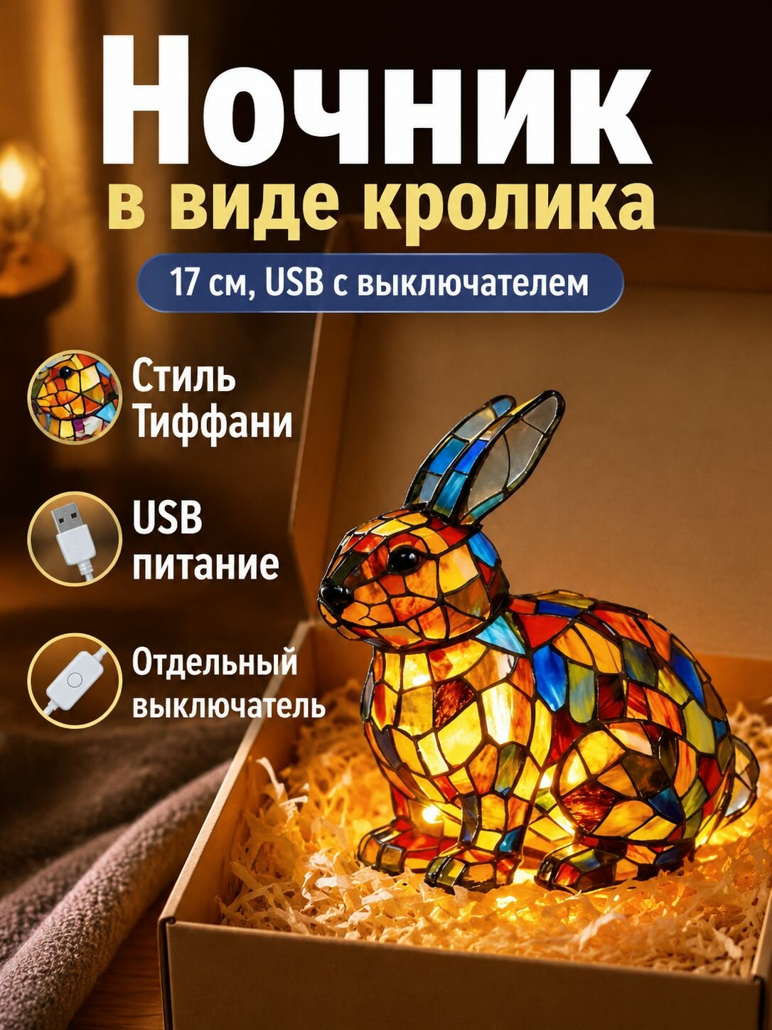 Ночник "Rabbit", USB-интерфейс, LED-подсветка, сувенирный, 15,5x13x18 см