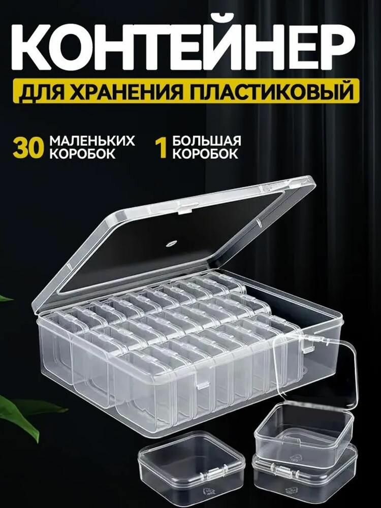 Контейнер органайзер пластиковый 22.5х17х6см для мелочей/бисера/снастей с 30 отдельными мини-контейнерами 5.5х5.5х2см с крышками