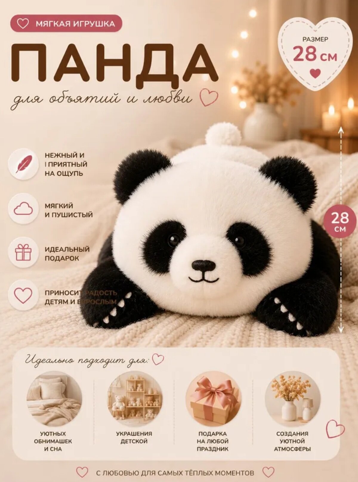 Игрушка мягкая Relana "Панда", для объятий, высота 28см, для детей 3+