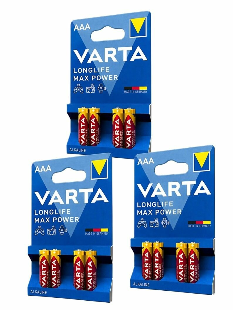 Батарейки ААА мизинчиковые VARTA Longlife Max Power LR03 алкалиновые 1.5V 12 шт для пультов и игрушек