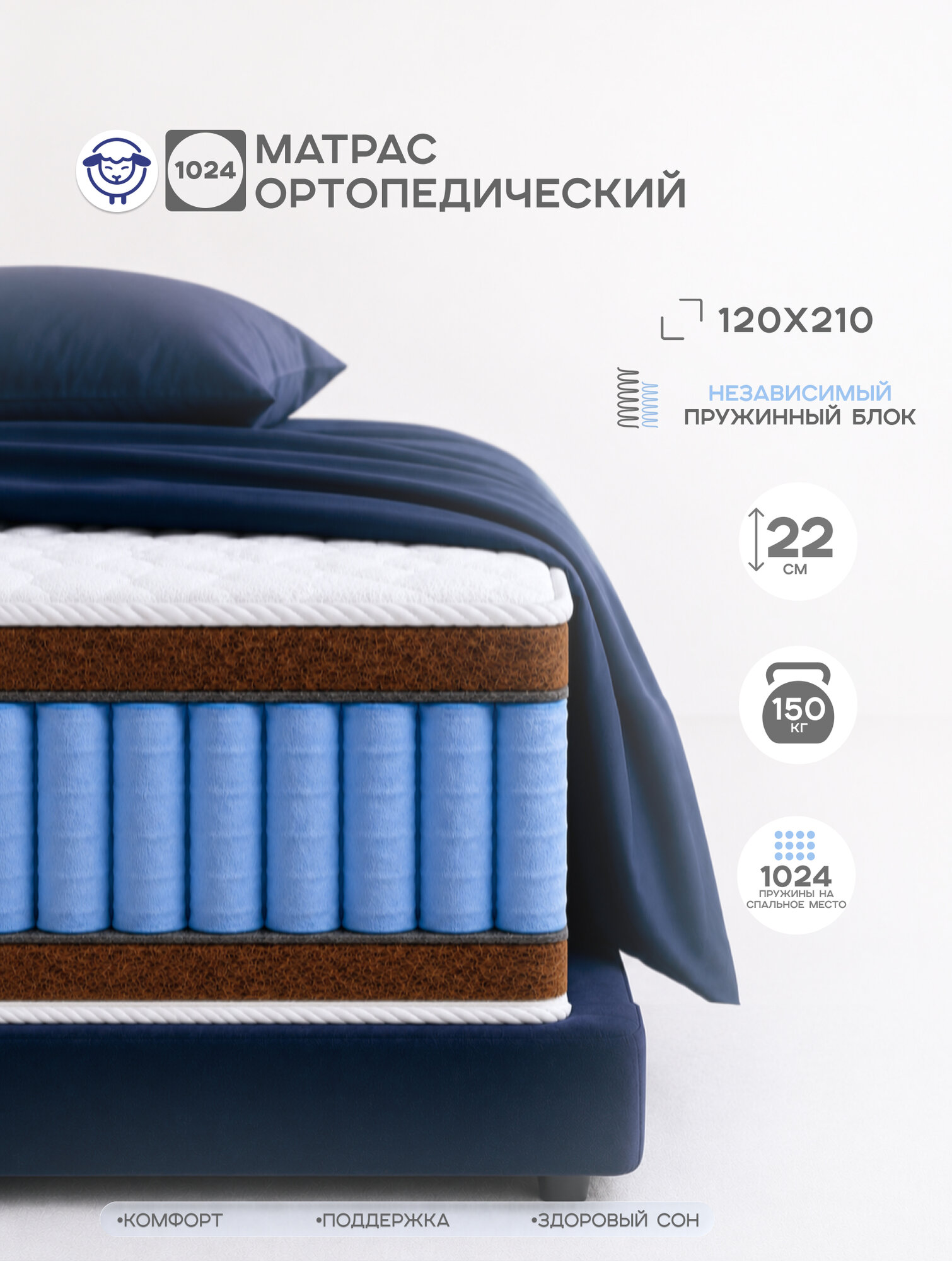 Матрас 120х210 жесткий, Ортис " Премиум Абсолют", на независимых пружинах, ортопедический