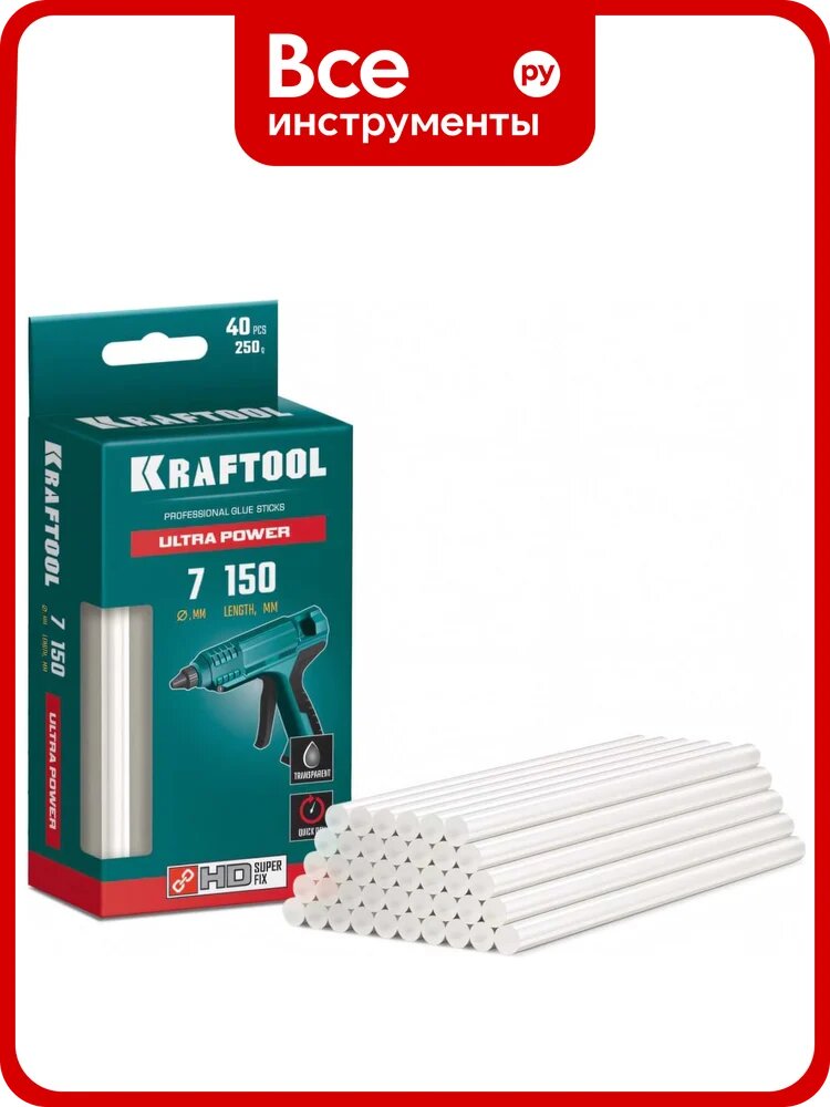 Ультрамощные прозрачные клеевые стержни KRAFTOOL Ultra Power 40 шт, 7x150 мм 06837-40