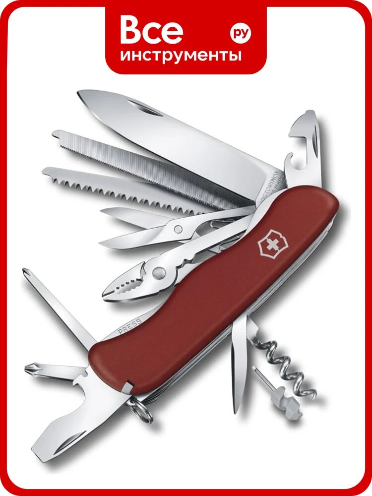 Нож Victorinox WorkChamp 111 мм, 21 функция, красный 0.8564, металл — нож‑брелок из стали с отверткой и штопором