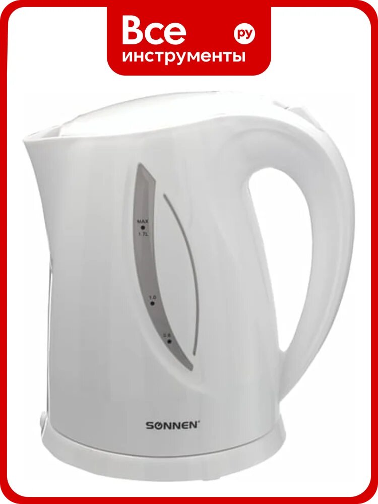Чайник SONNEN KT-1758 1.7 л, 2200 Вт, закрытый нагревательный элемент, пластик, белый 453415
