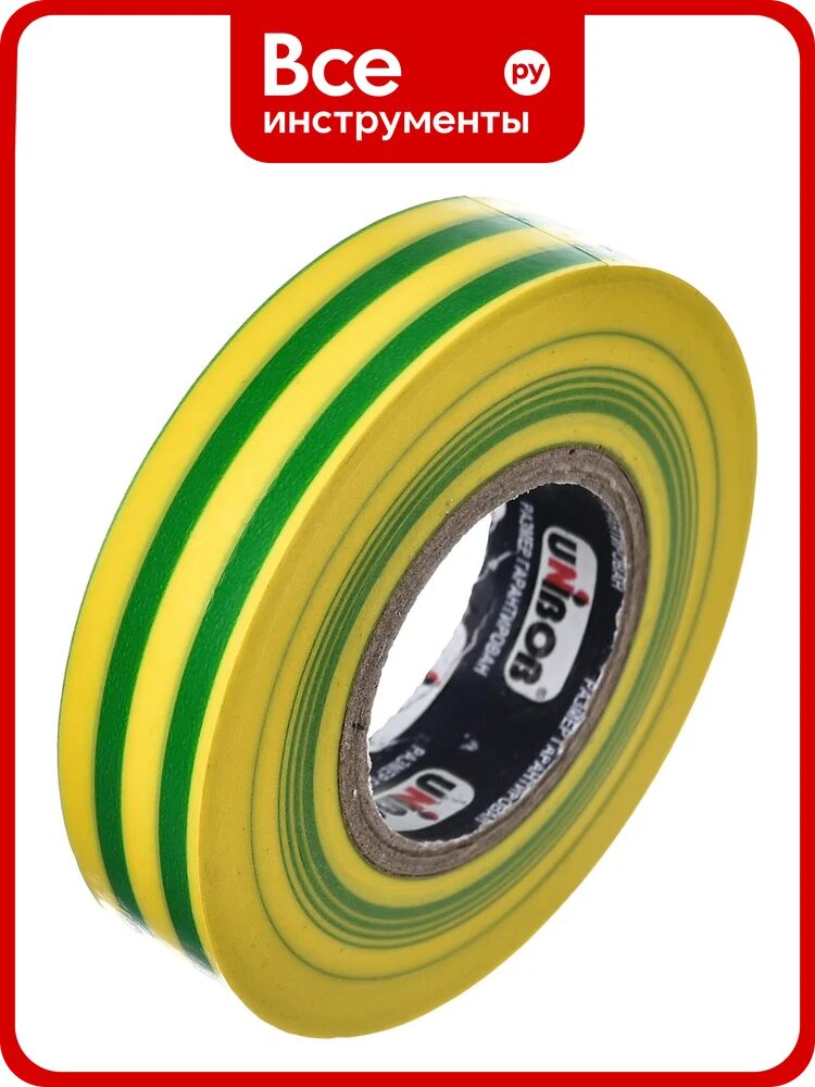 Изолента ПВХ UNIBOB 15 мм х 20 м, желто-зеленая 211766