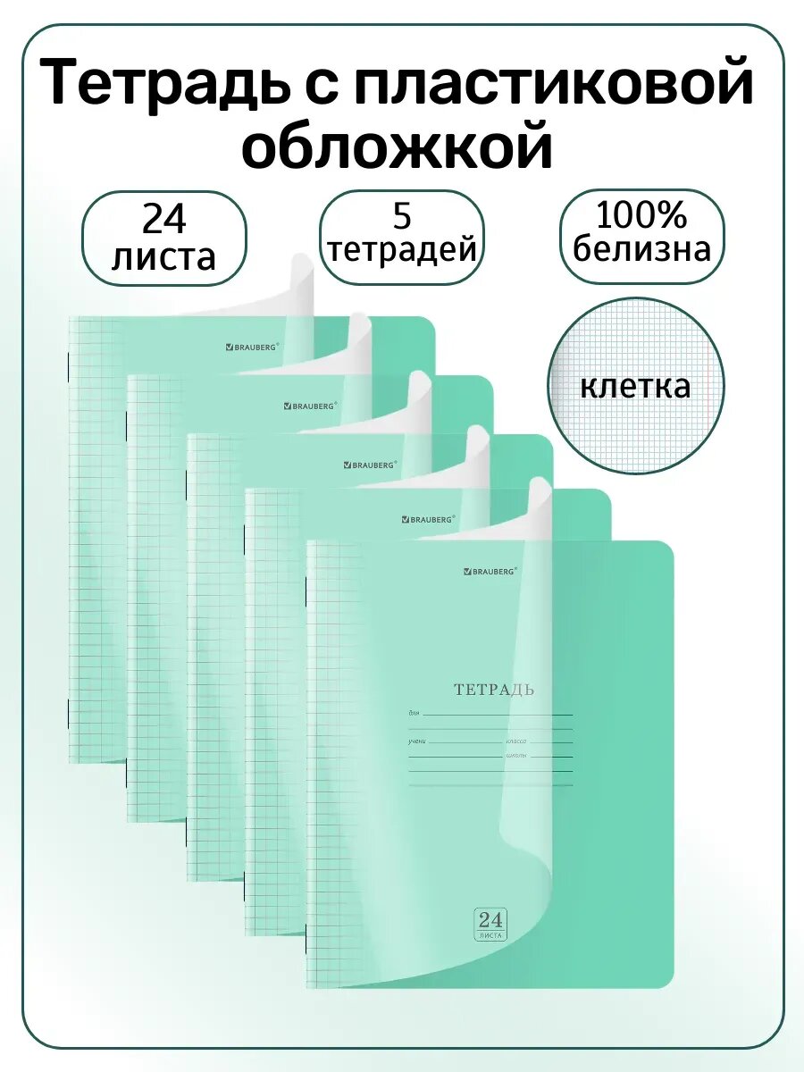 Тетрадь в клетку 24 л с пластиковой обложкой, 5 шт