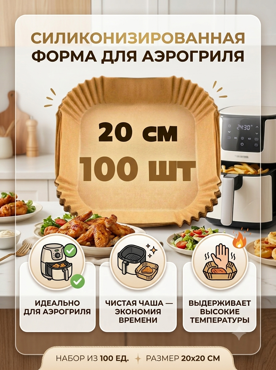 Бумага для аэрогриля форма для запекания силиконизированная 20 см, набор 100 штук