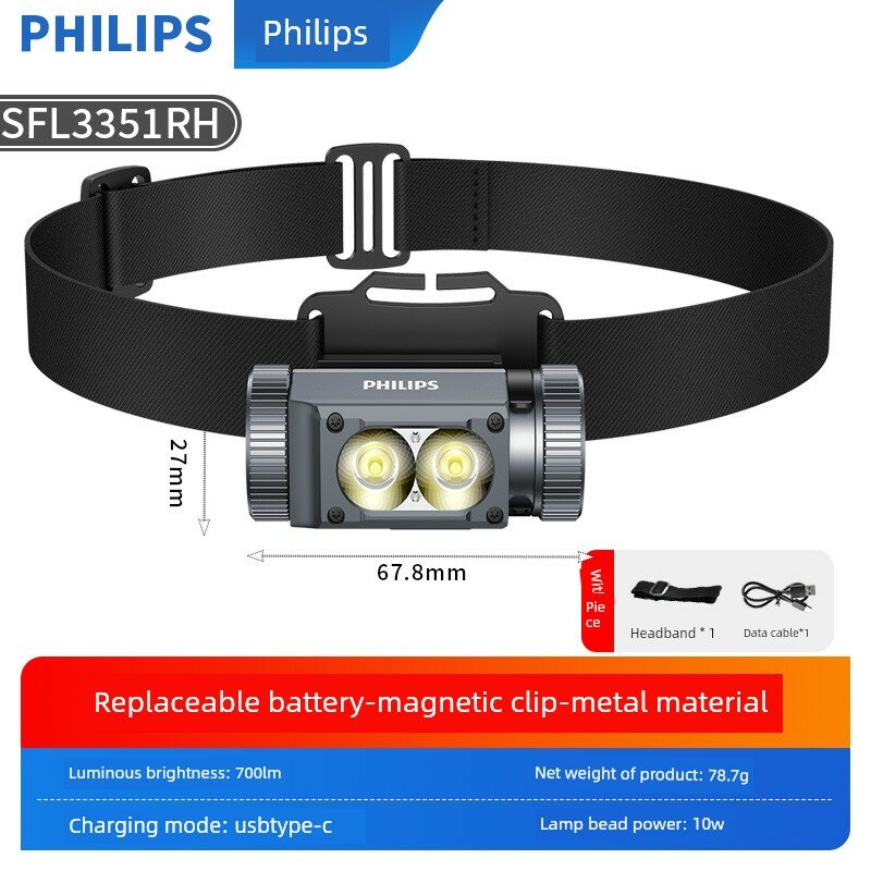 Налобный фонарь Philips с мощным светом, суперяркий, перезаряжаемый, с долговечной литиевой батареей, новая налобная