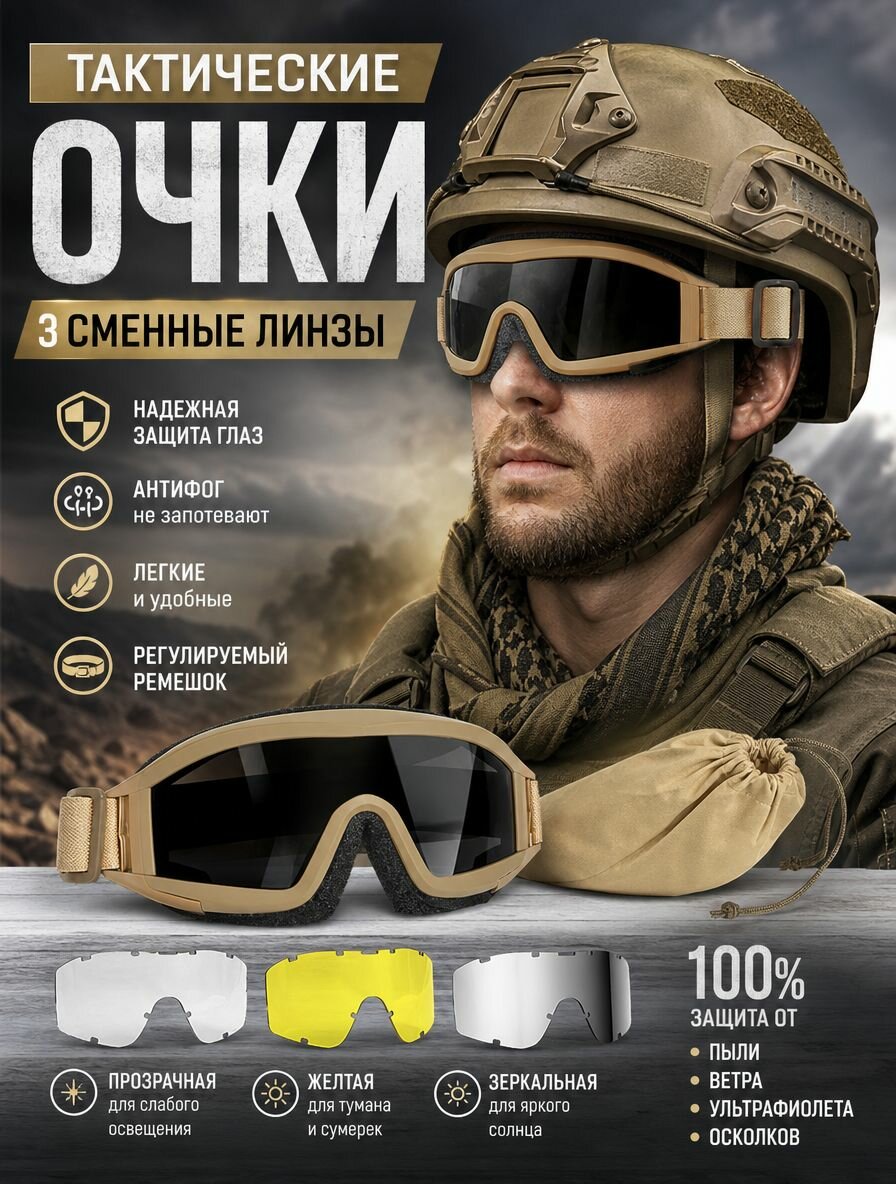 Комплект тактических защитных очков из 3 предметов: серые противотуманные линзы, желтые и прозрачные хаки