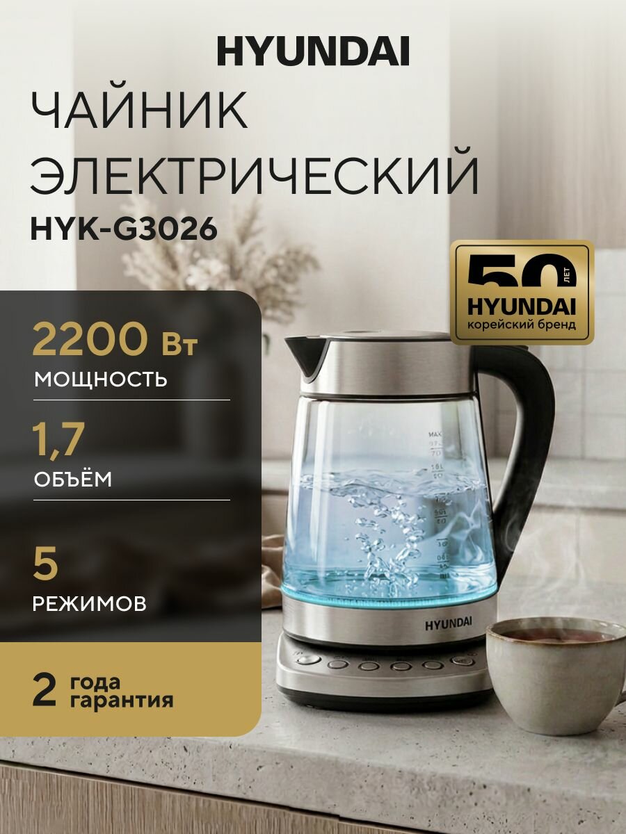 Чайник электрический Hyundai HYK-G3026 1.7л. 2200Вт