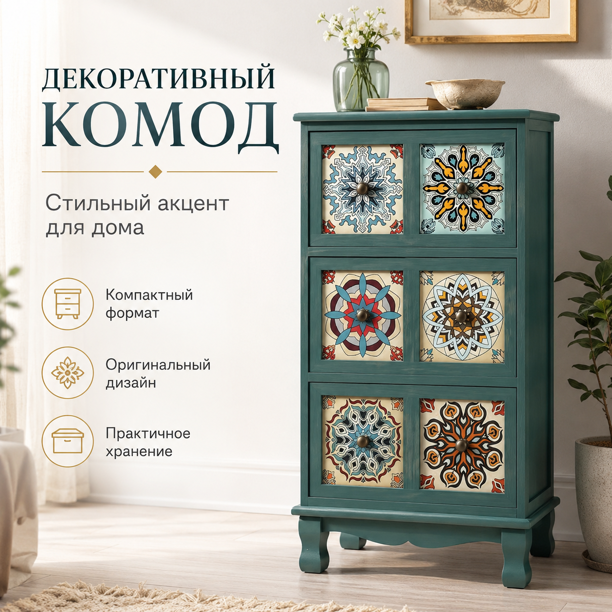 Комод, дерево, арт-деко, зеленый, для дома, 1 ящик, ширина 43 см, высота 79 см