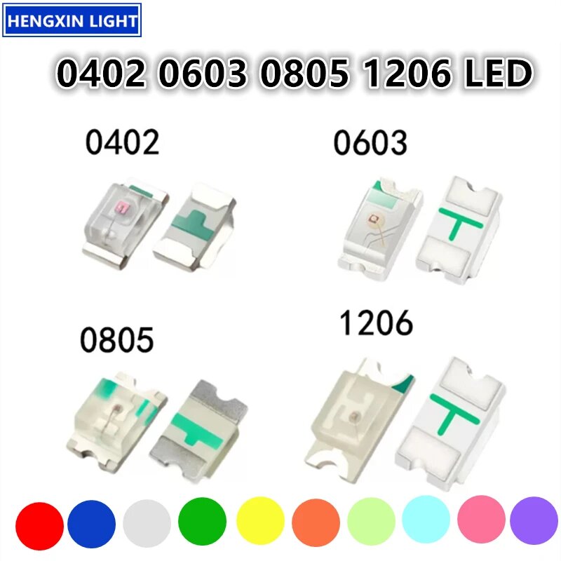 100 шт. сверхъярких SMD LED диодов 0402 0603 0805 1206, красные, желтые, зеленые, белые, синие, прозрачные светодиоды