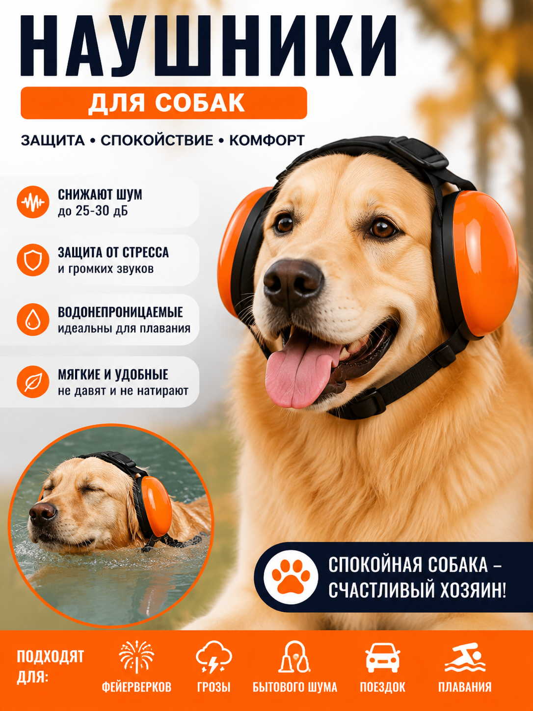 Наушники для собак derYEP, защита слуха 29 дБ, мягкие антишумные ушные чехлы для груминга и фейерверков