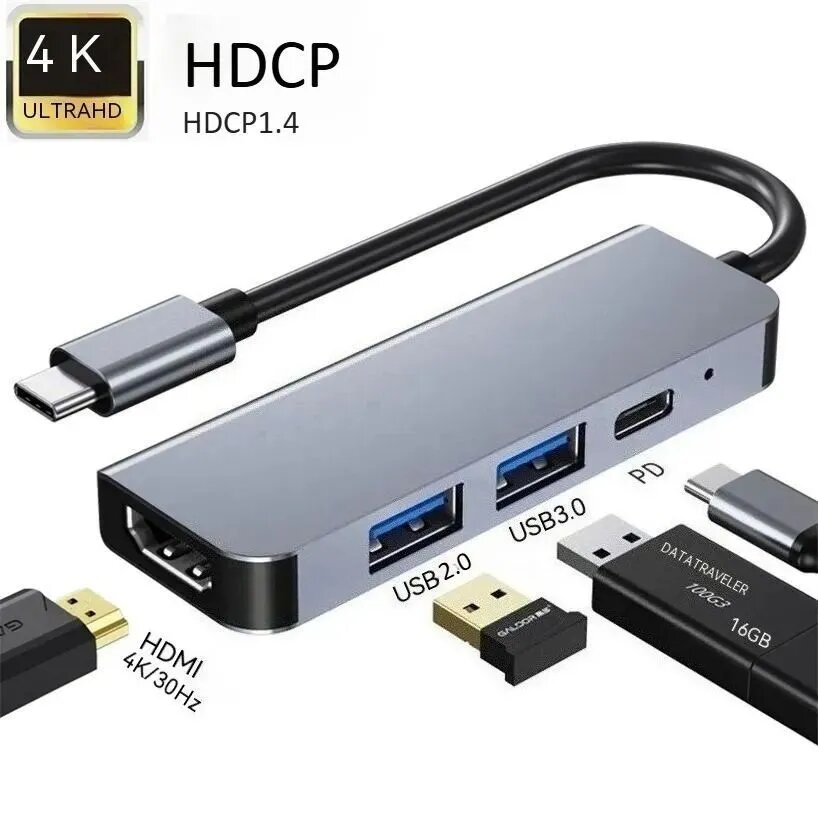 USB-C адаптер-хаб 4 в 1, HDMI 4K, зарядка PD, 3x USB 3.0, подходит для ноутбуков, Type-C расширительный док