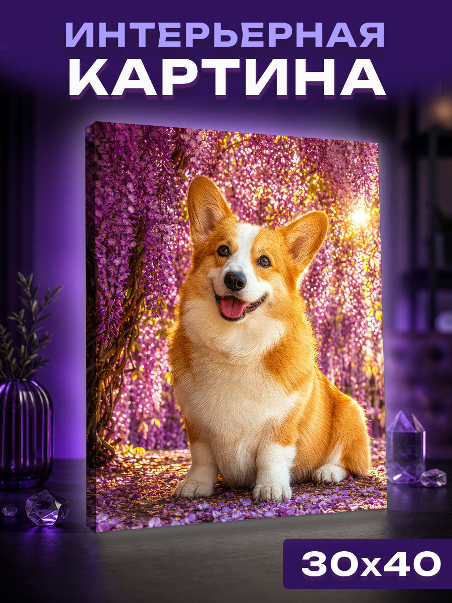 Интерьерная картина Корги под свисающими гроздьями глицинии