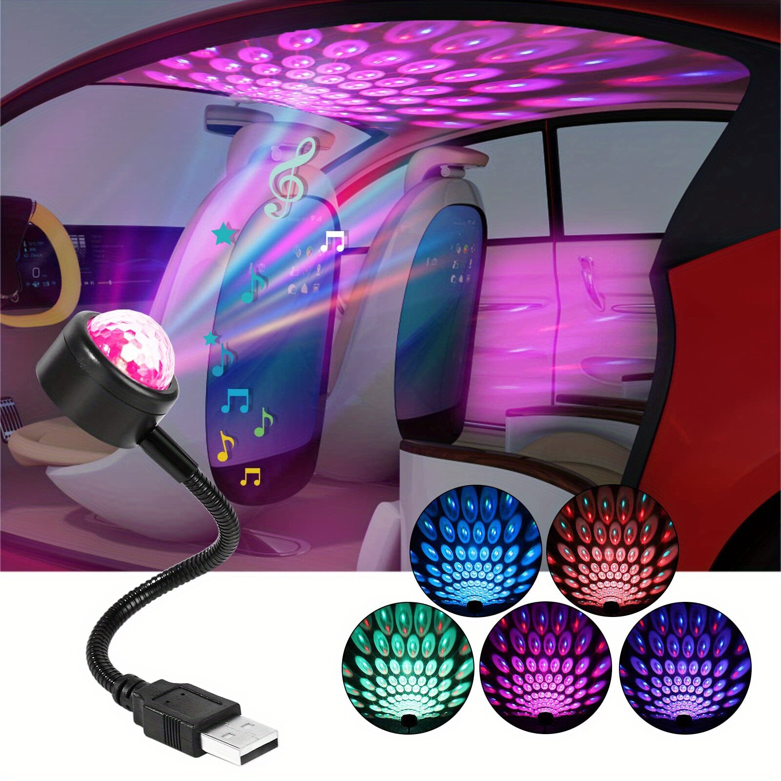 USB LED лампа-проектор "Colorful" с музыкальным ритмом для автомобиля