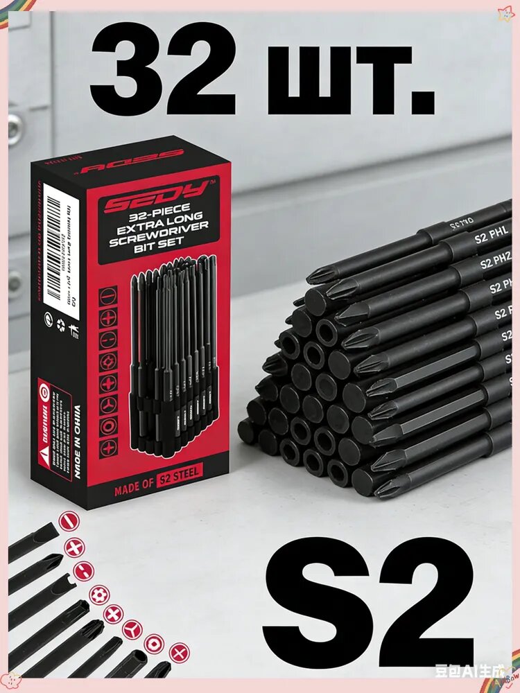 Набор удлинённых бит безопасности Torx, 32 шт, tamper-proof, для шуруповёрта и дрели