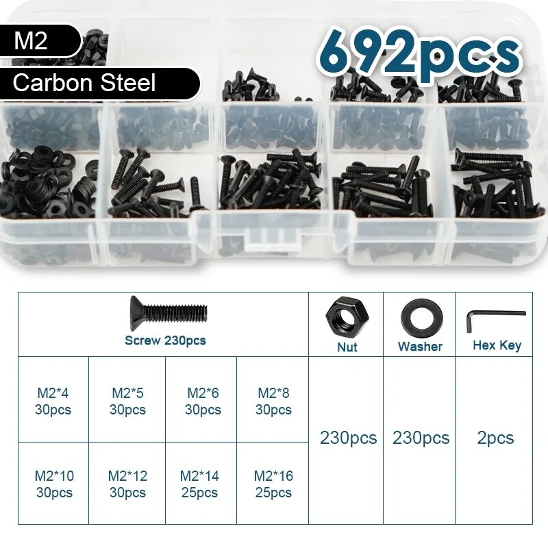 Набор болтов Howsheng DIN7991 M1.6-M8 с гайками и шайбами M2 692pcs set