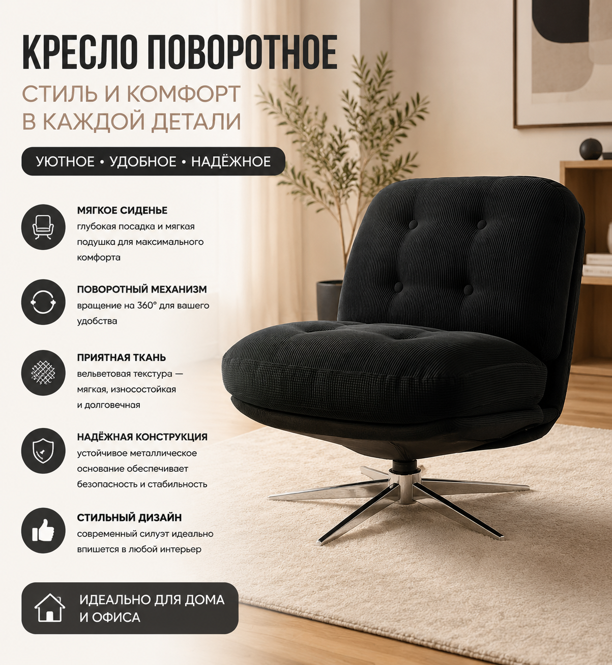 Кушетка PUREU, классическая, вельветовая обивка, без подлокотников, 69 см x 47 см, черная
