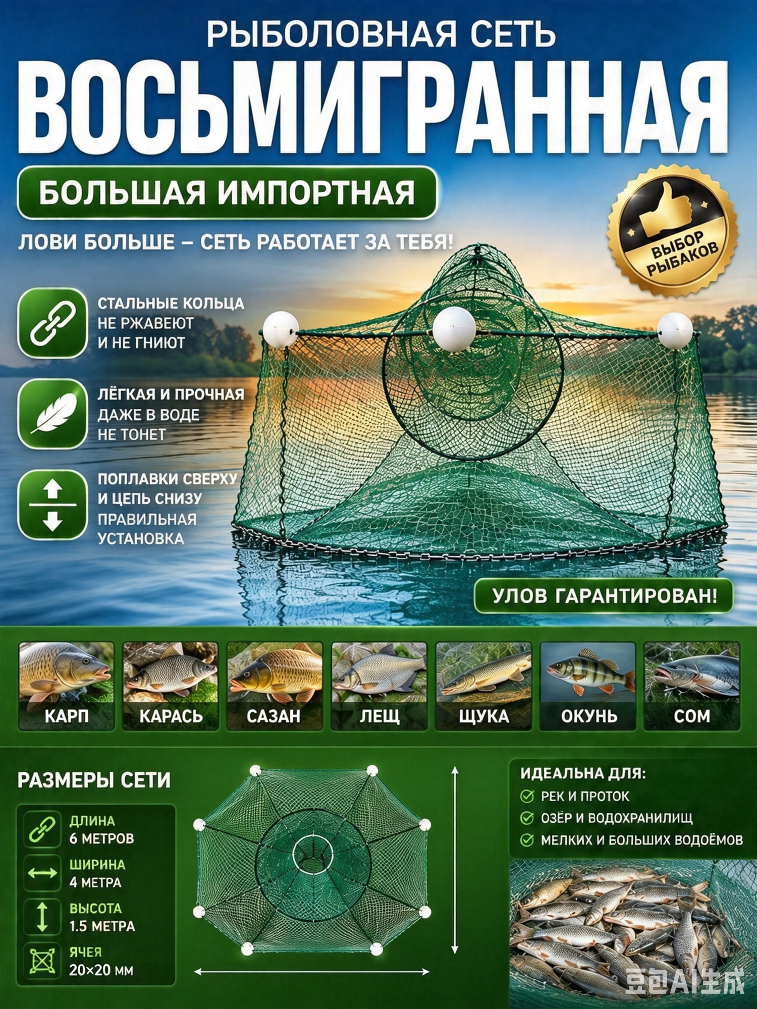 Большие импортные рыболовные сети, 4m*6m*1.5m, рыболовные сети для ловли рыбы, восьмизначные сети