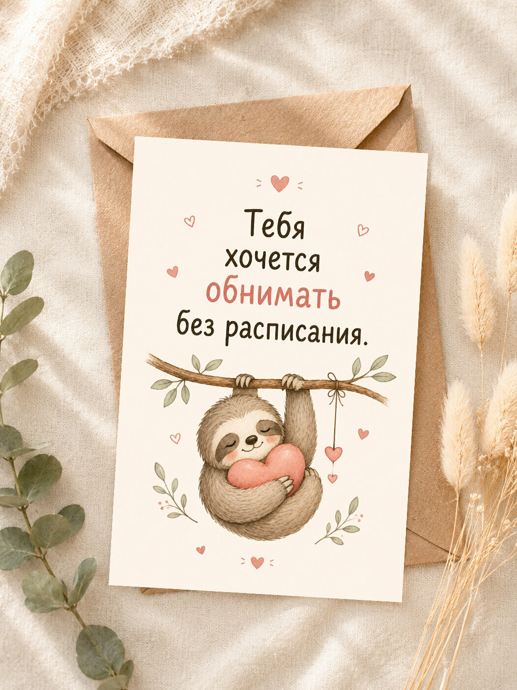 Открытка "Тебя хочется обнимать без расписания", нежная с ленивцем и сердцем, конверт, 10х15